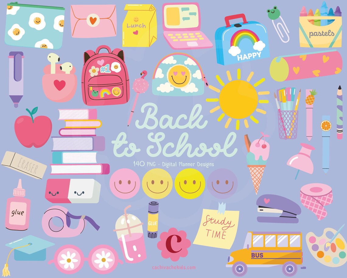 Clipart de regreso a clases: 140 PNG para descarga digital. Gráficos ...