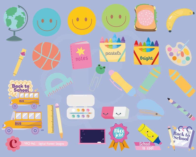 Back to School Classroom Clipart - 140 PNG for Digital Download - Cute ...
