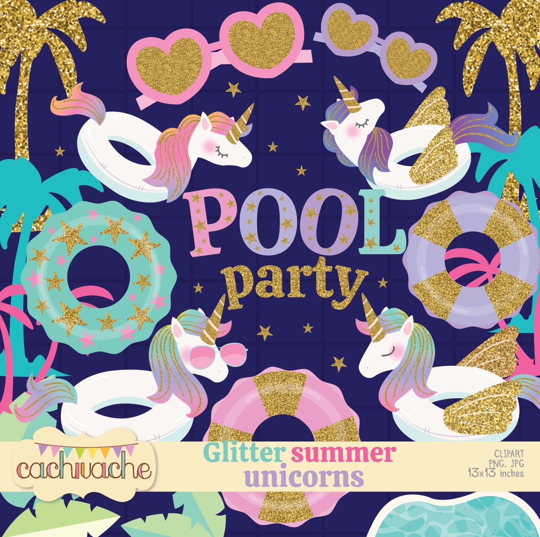 Summer Unicorn Pool Party Clipart: Glitter PNG Graphics (digital ...