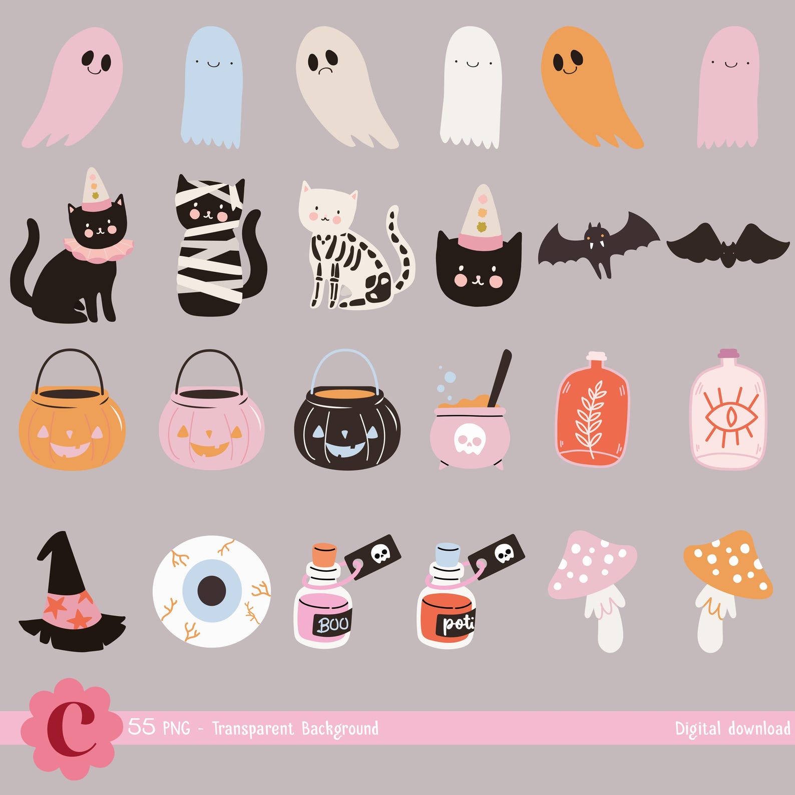 Halloween Clipart Bundle, 55 Pastel PNG Elements With Cute Ghosts ...