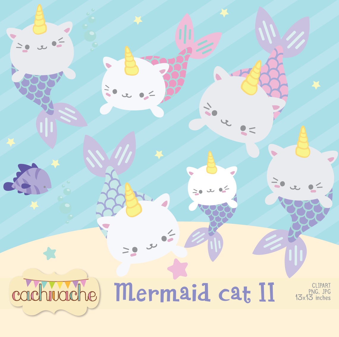 Kawaii Mermaid Cat Clipart, 11 Cat Mermaid Design, Cute Kitty PNG and ...