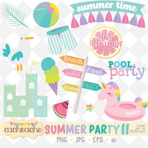 Summer Party Clipart, Pool Party Clipart, Unicorn Float Clipart, Ice ...