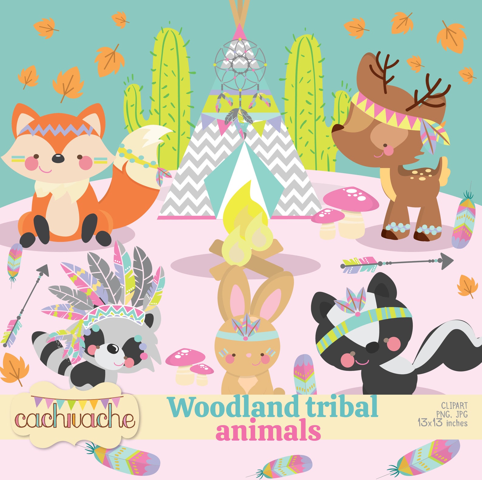 Woodland Tribal Animals Clipart, Forest Animals Clipart, Boho Clipart ...