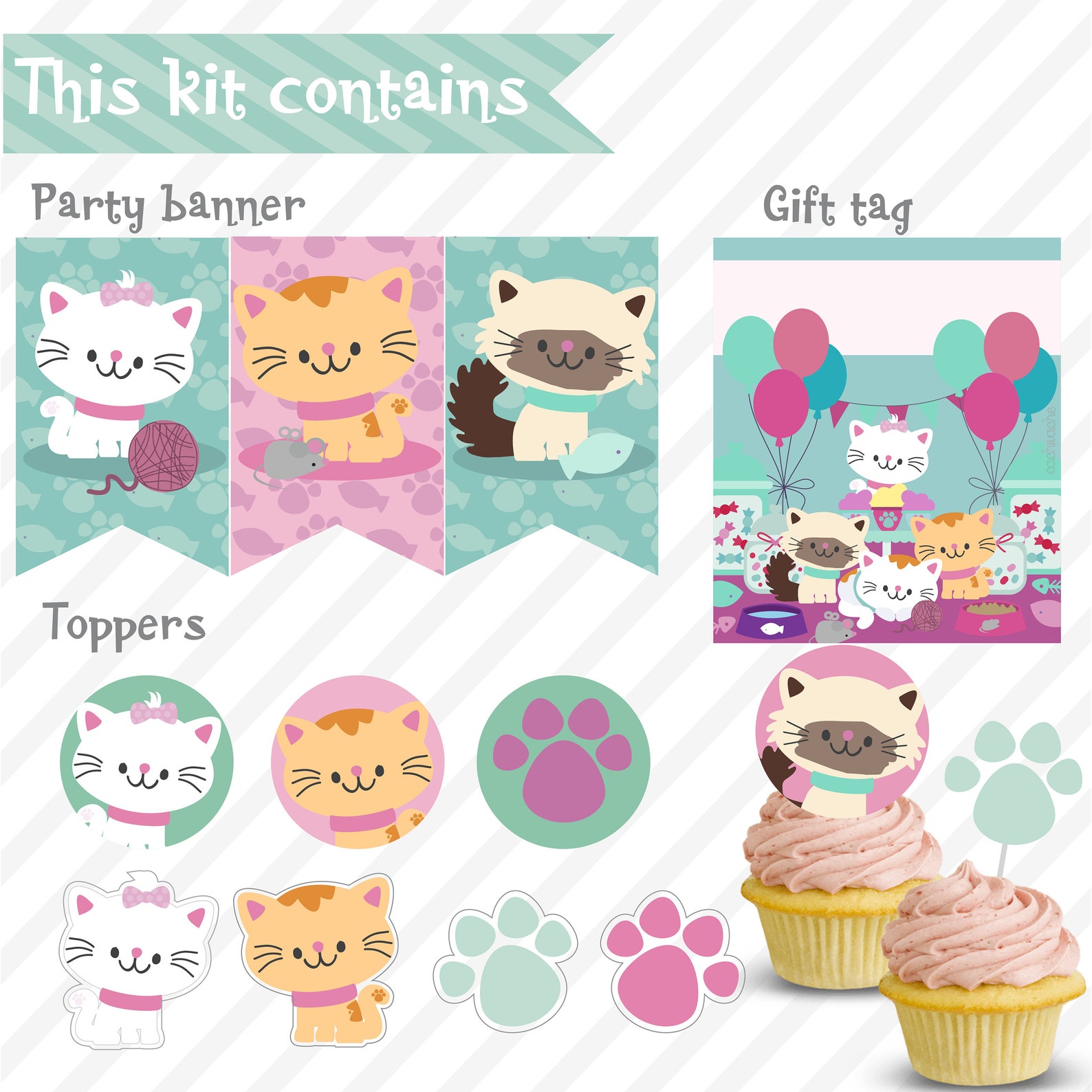 Cat Printable Party Decorations Cute Cat Printable Party Kit | Etsy
