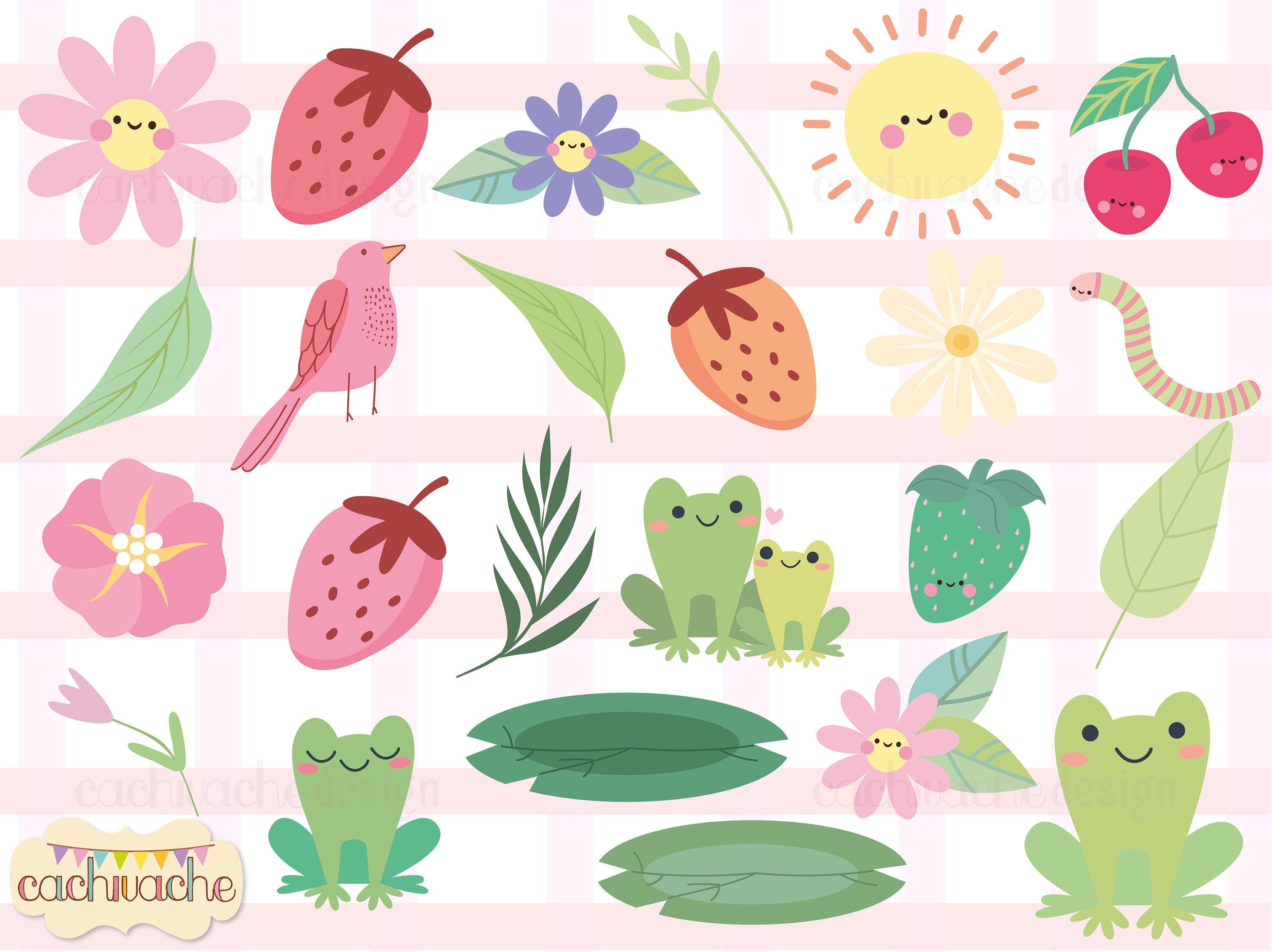 Spring Clipart PNG – Kawaii Spring Bundle – Cute Flowers Frog Birds ...