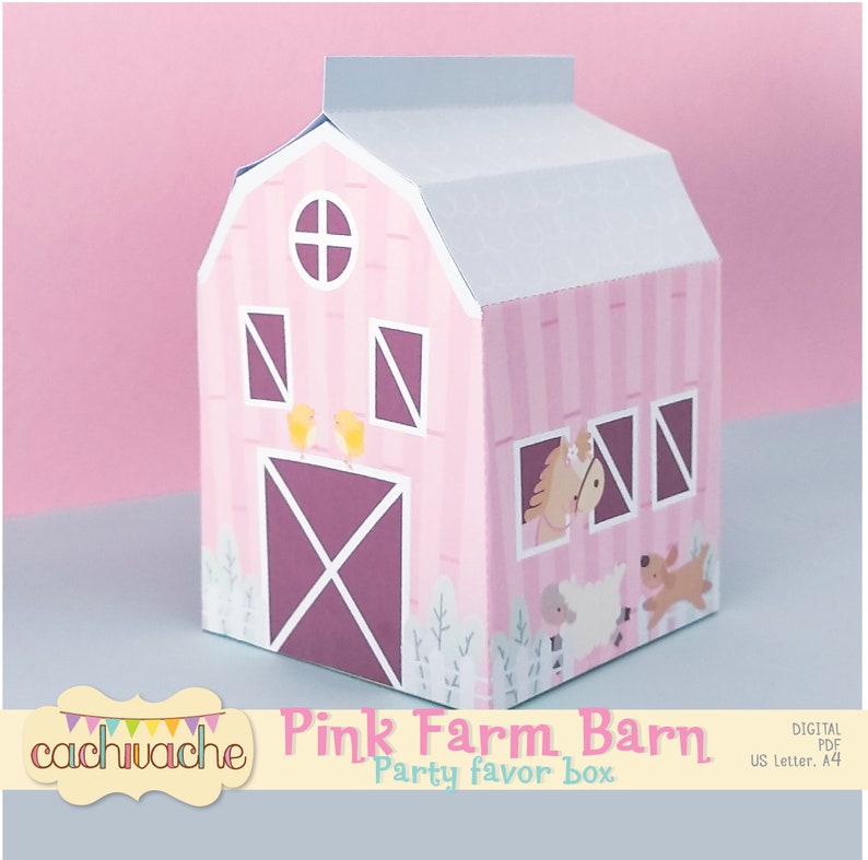 Pink Farm Barn Box, Printable Farm Party Favor Box, Farm Party ...