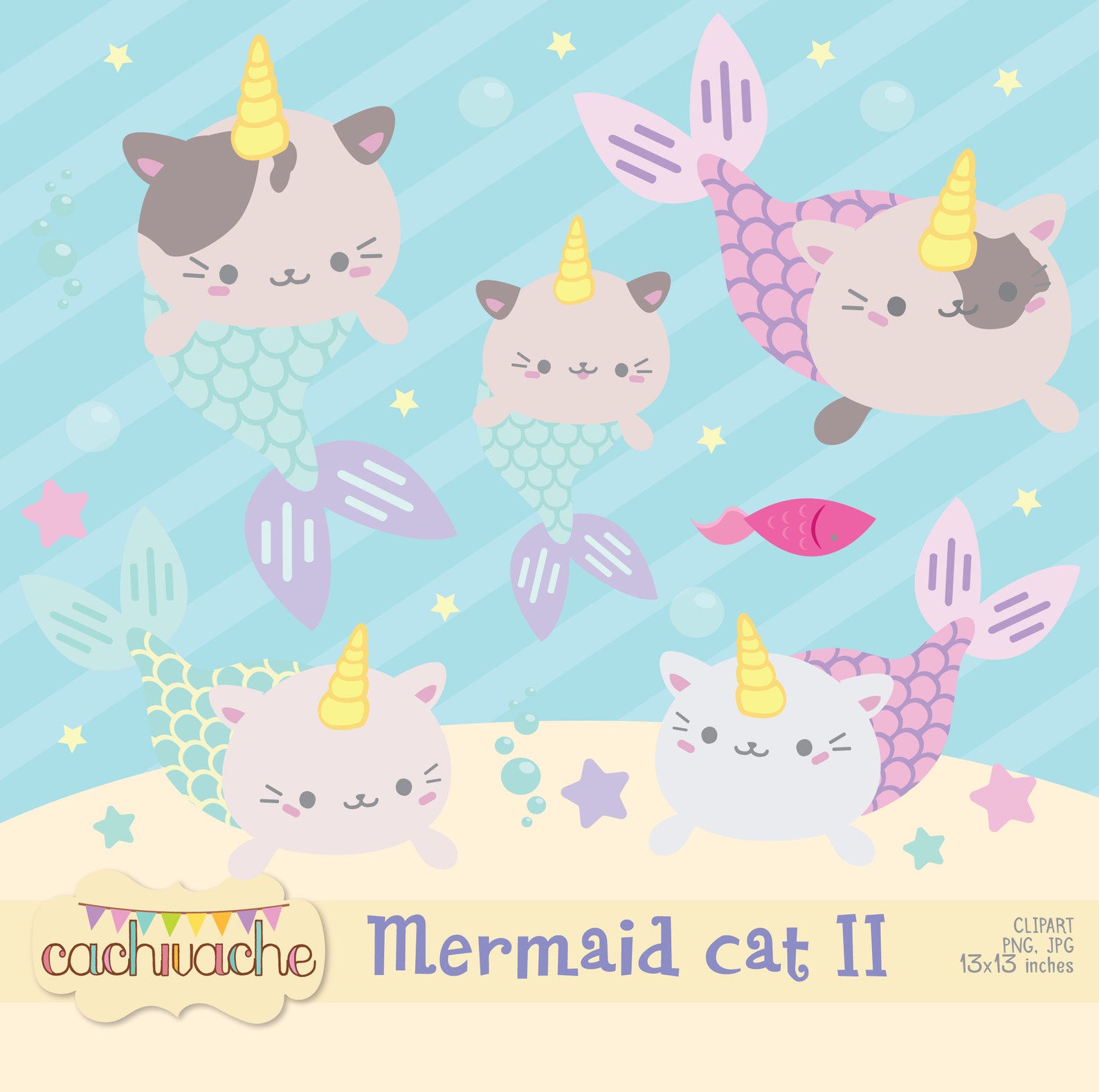 Kawaii Mermaid Cat Clipart, 11 Cat Mermaid Design, Cute Kitty PNG and ...