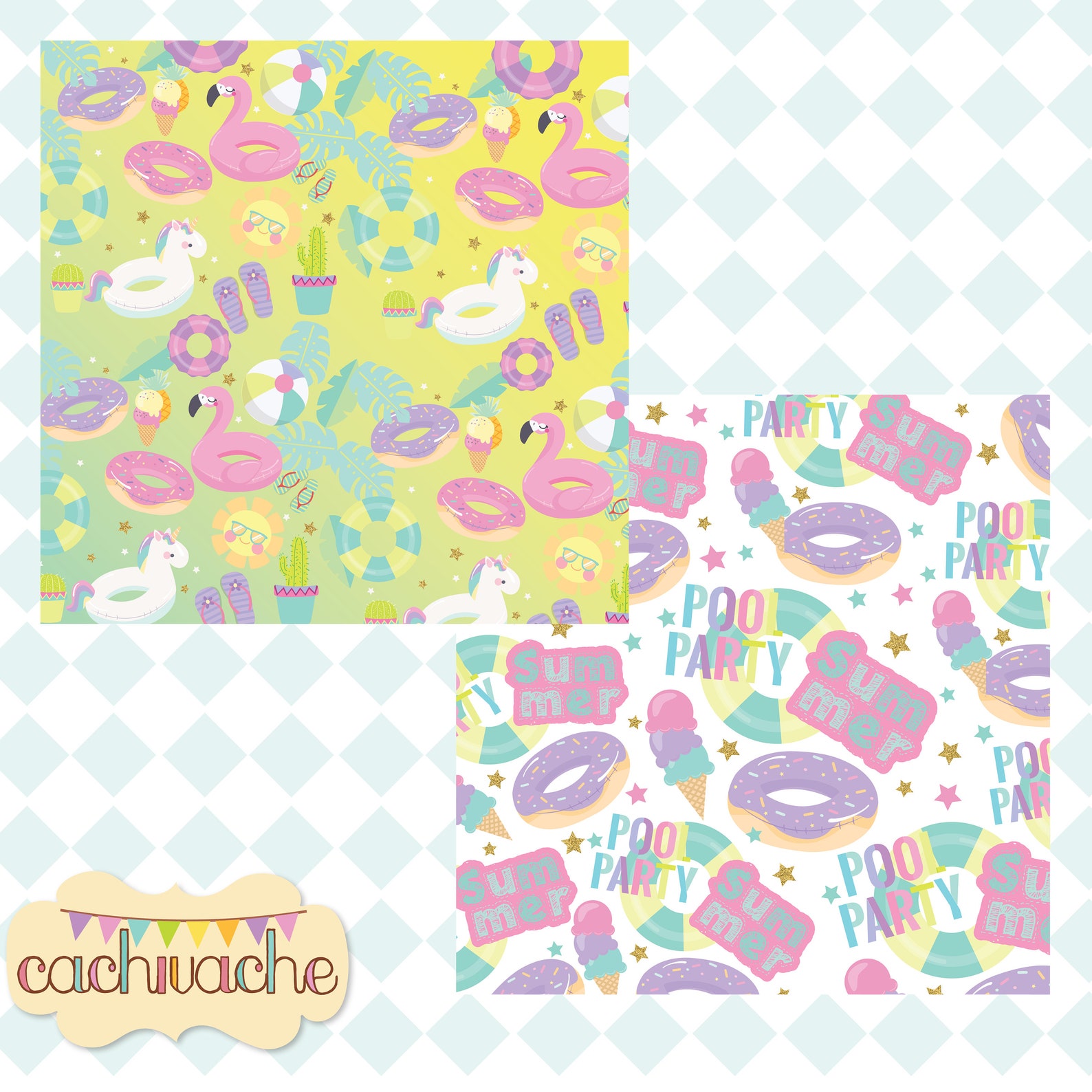 Summer Digital Paper, Summer Pool Party Clipart, Flamingo Digital Paper ...