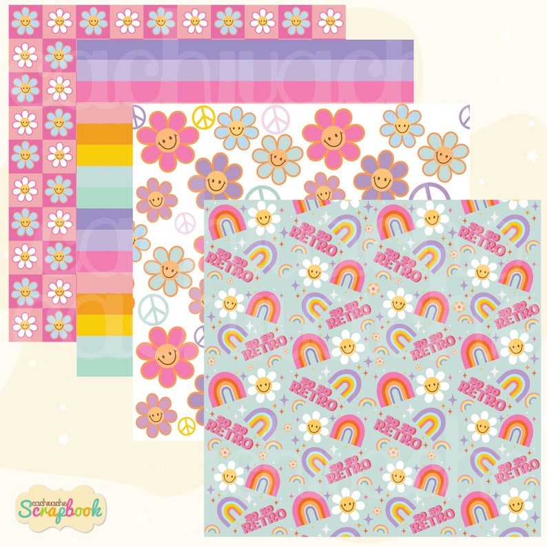 Groovy Digital Paper, Seamless Retro Digital Paper, Roller Skate ...