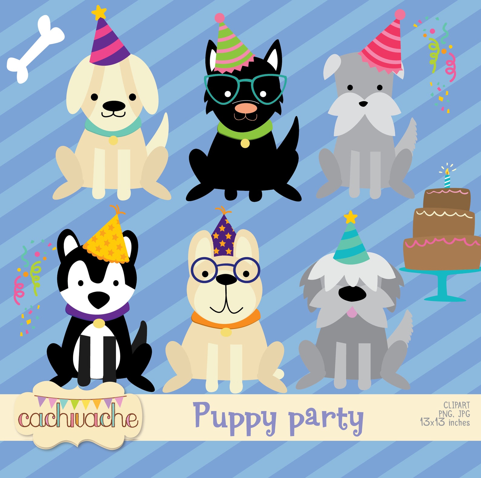Puppy Party Clipart - Cute Dog Design Set With Party Elements for ...