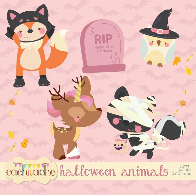 Halloween Clipart Halloween Animals Clipart Cute Pink - Etsy