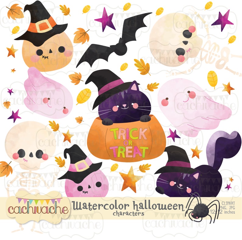 Cute Halloween Clipart - 15 Watercolor Halloween Clipart, Pumpkin ...