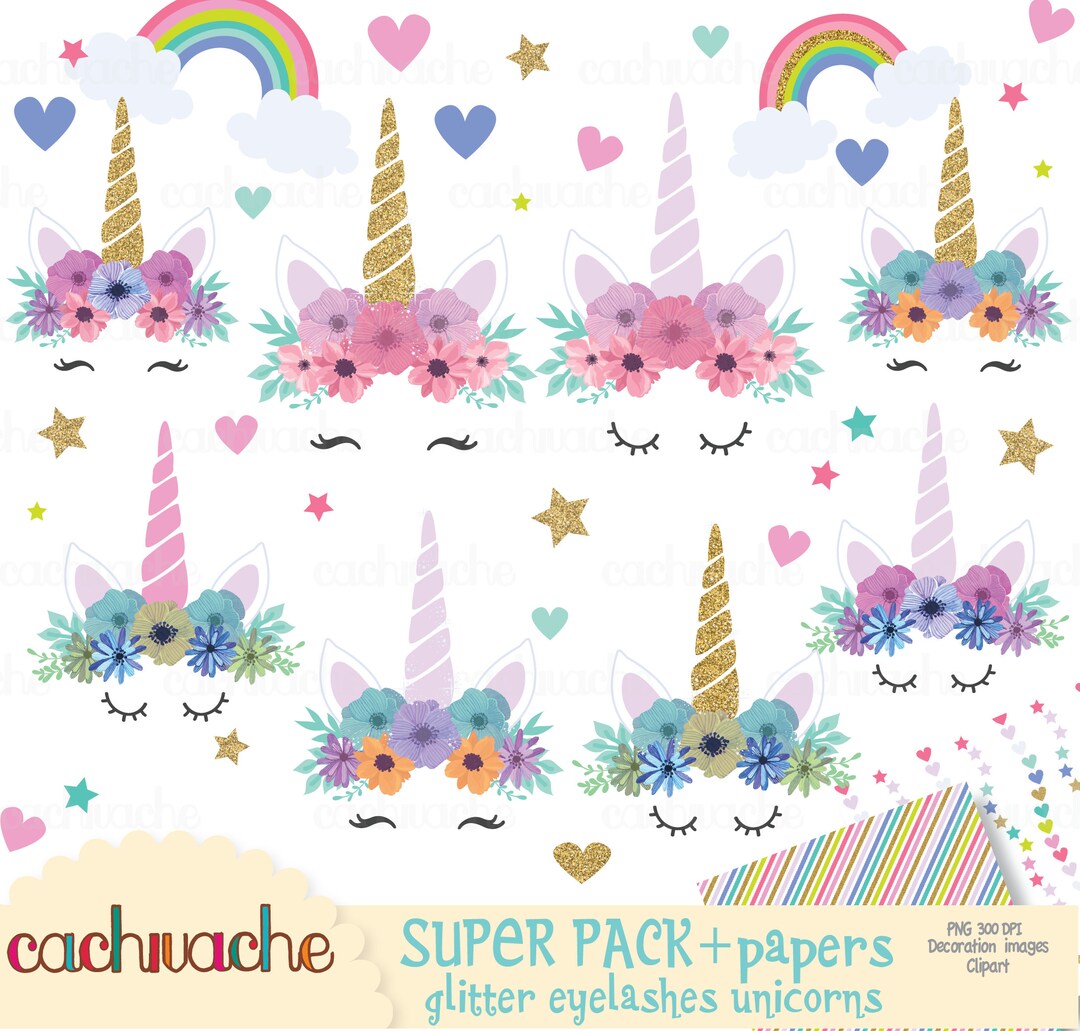 Glitter Unicorn Clipart: Eyelashes, Floral Design (digital Download) - Etsy