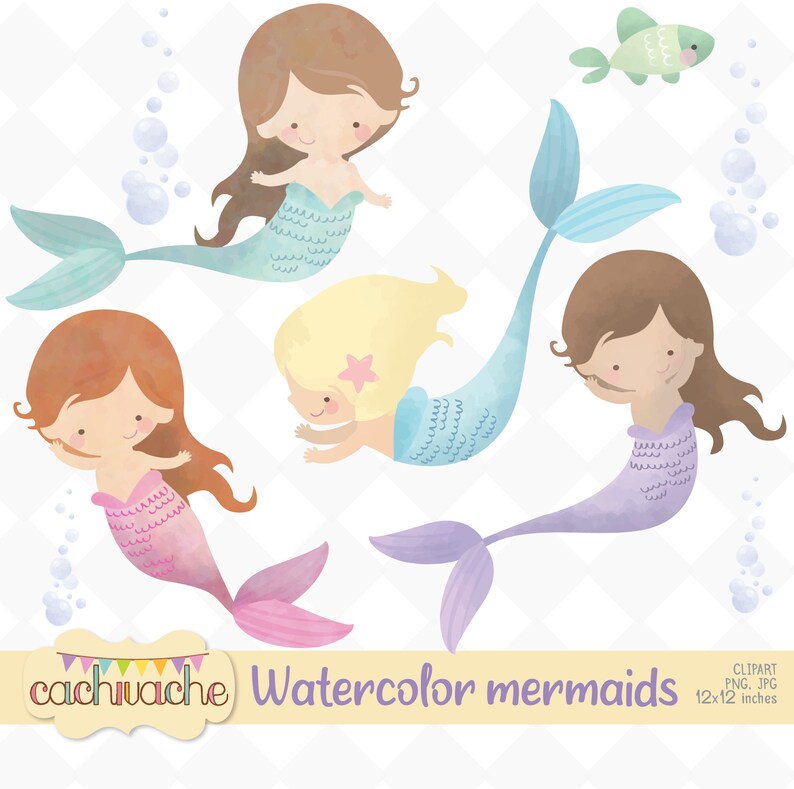 Watercolor Mermaid Clipart, Cute Mermaid Clipart, Mermaid Tail Clipart ...