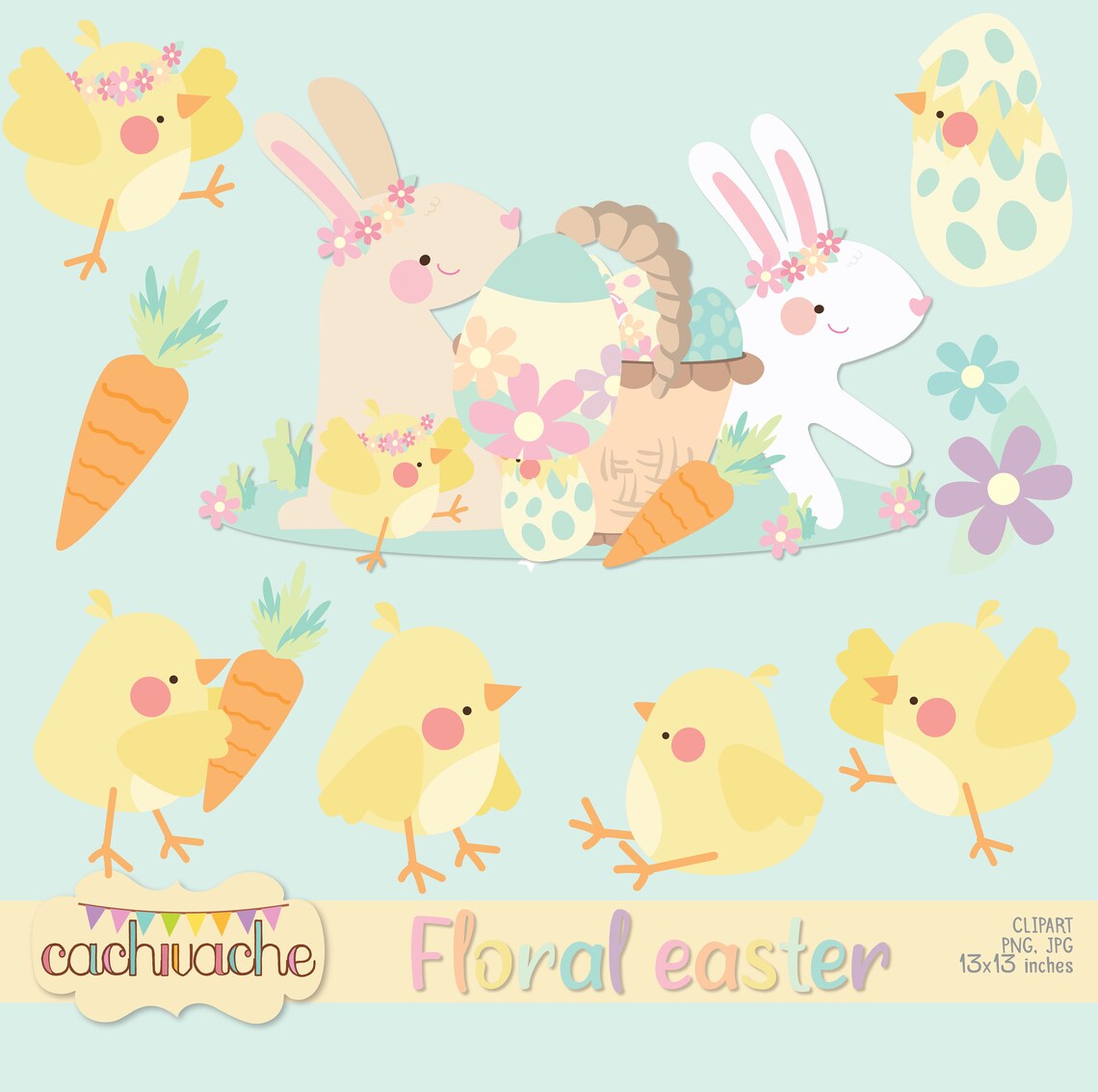 Easter Bunny Clipart: Chicks, Eggs, Flowers (PNG, JPG) - Etsy