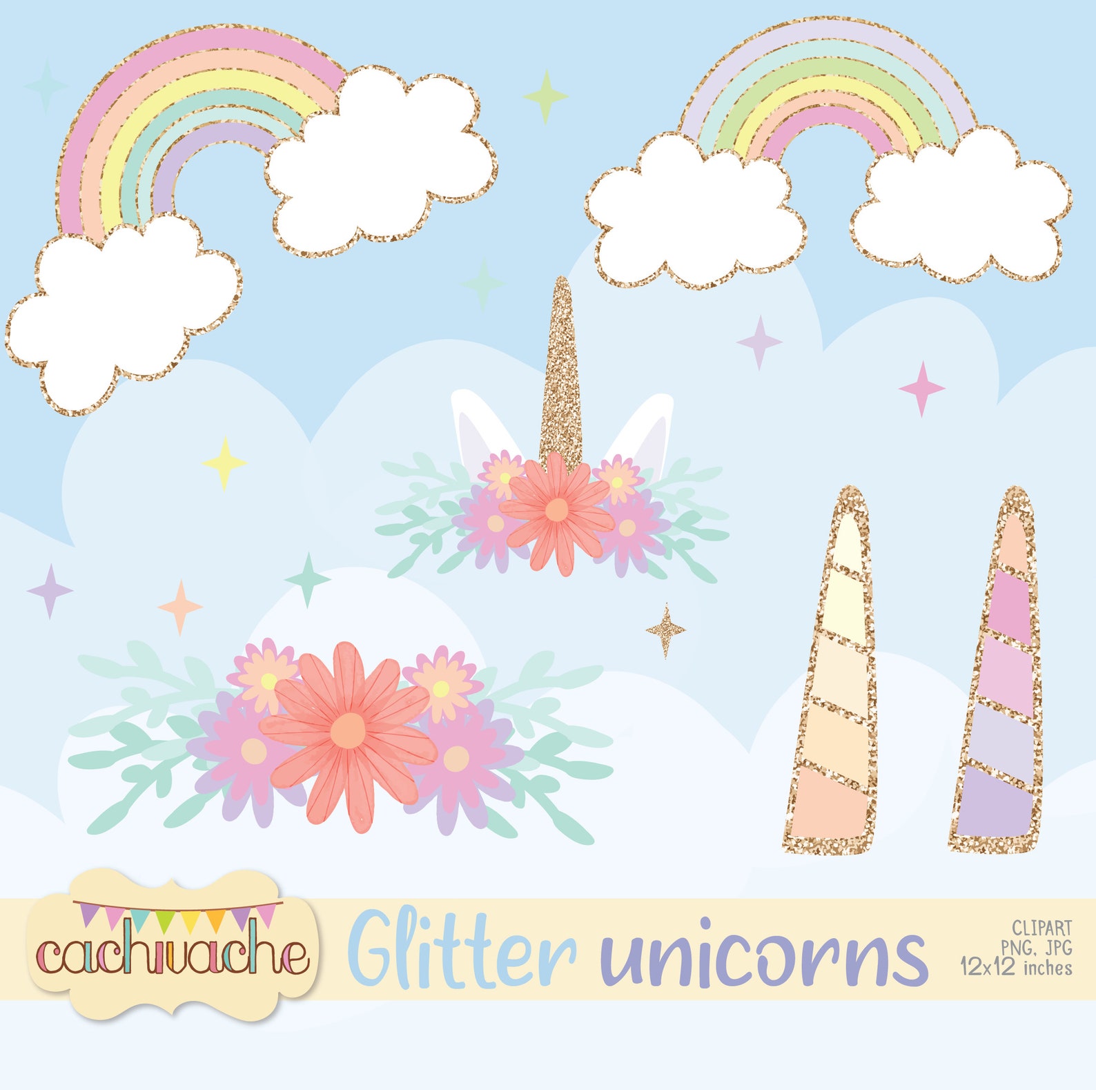 Unicorn Clipart Gold Glitter Unicorn Clipart Unicorn Head - Etsy