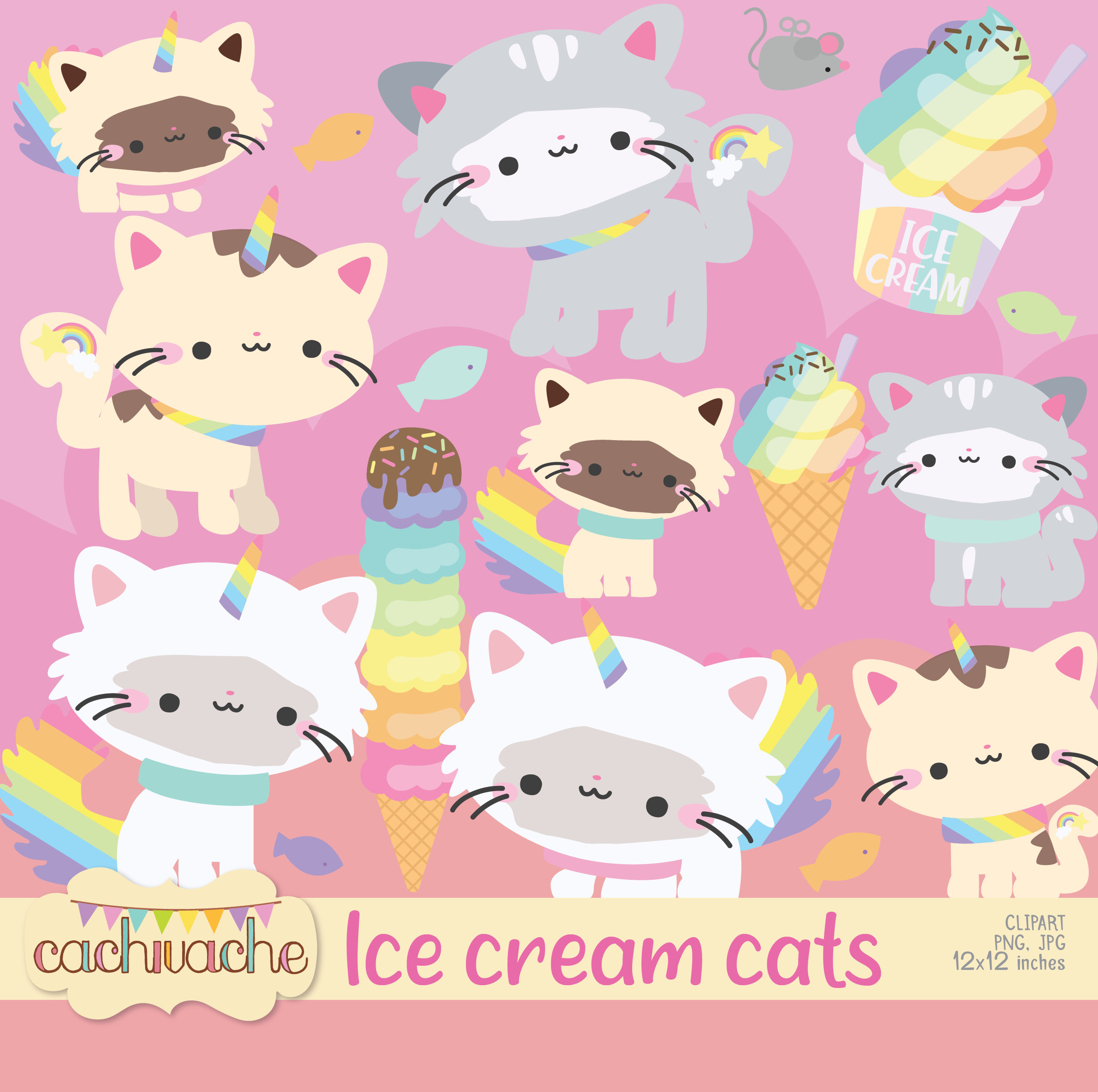 Ice Cream Cats Clipart Set Ice Cream Clipart Cats Clipart | Etsy