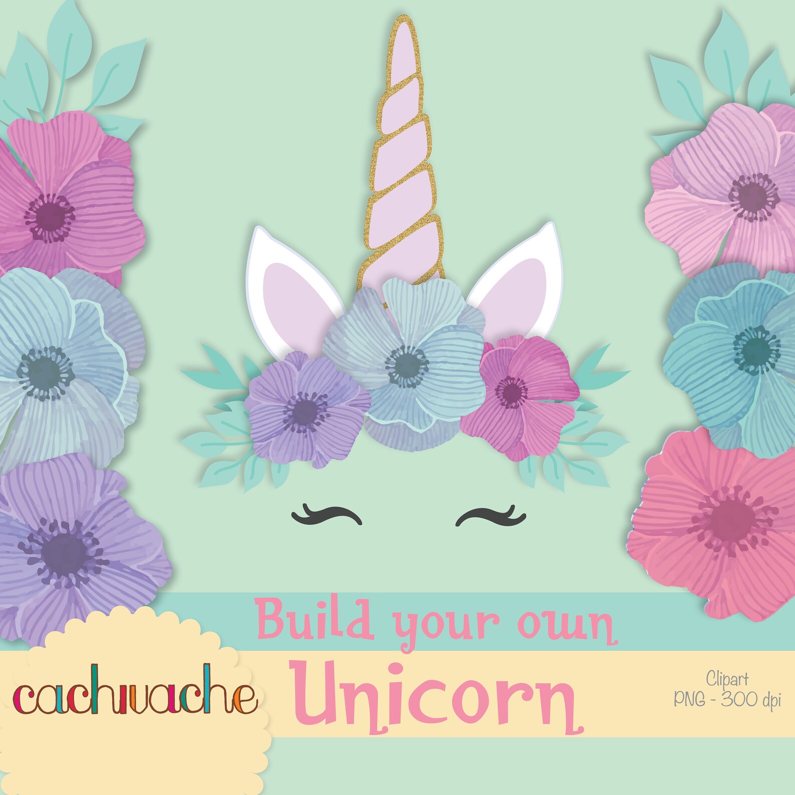 Flowers Unicorn Clipart Glitter Eyelashes Unicorn Clipart. | Etsy
