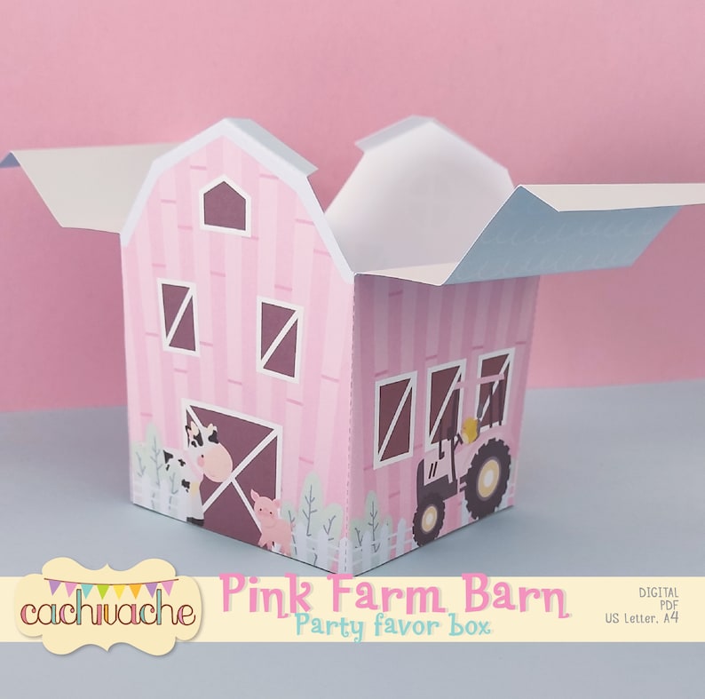 Pink Farm Barn Box, Printable Farm Party Favor Box, Farm Party ...