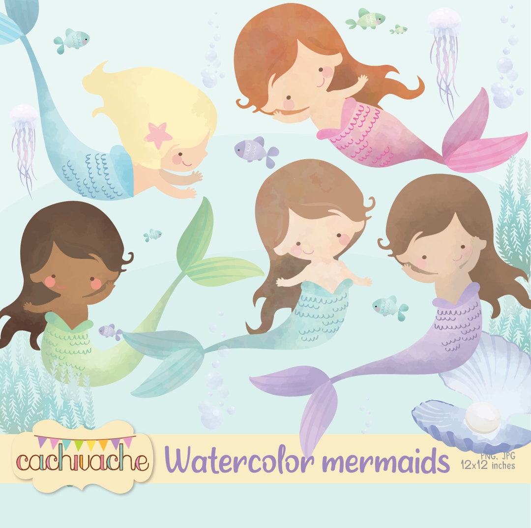 Watercolor Mermaid Clipart, Cute Mermaid Clipart, Mermaid Tail Clipart ...