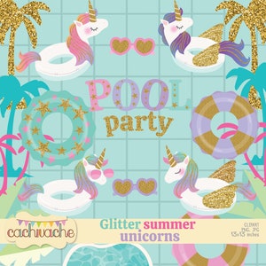 Summer Unicorn Pool Party Clipart: Glitter PNG Graphics (digital ...