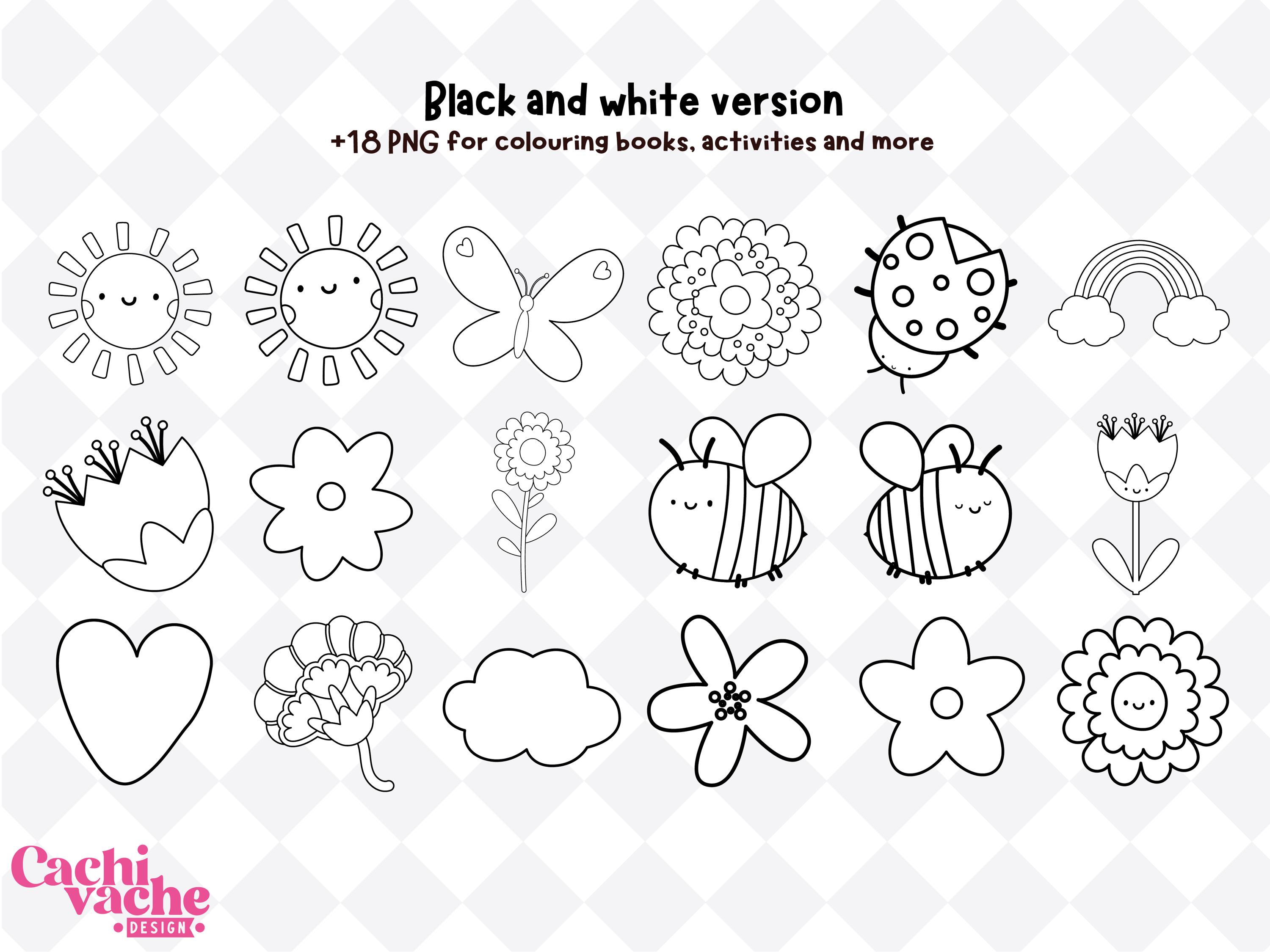 Spring Clipart PNG Bundle, Cute Kawaii Spring Flowers Sun Rainbow Bee ...