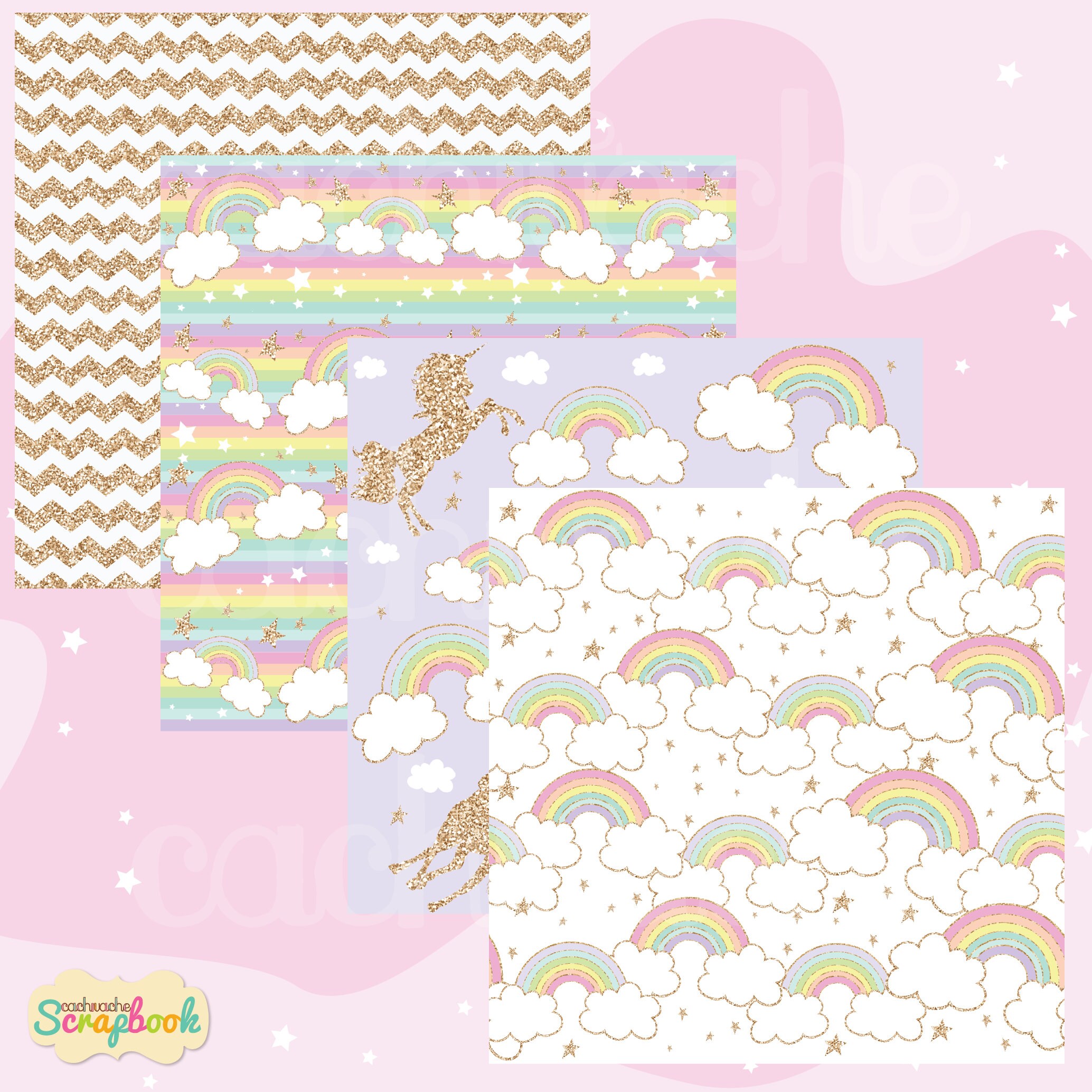 Glitter Unicorn Seamless Digital Paper, Gold Glitter Digital Paper ...