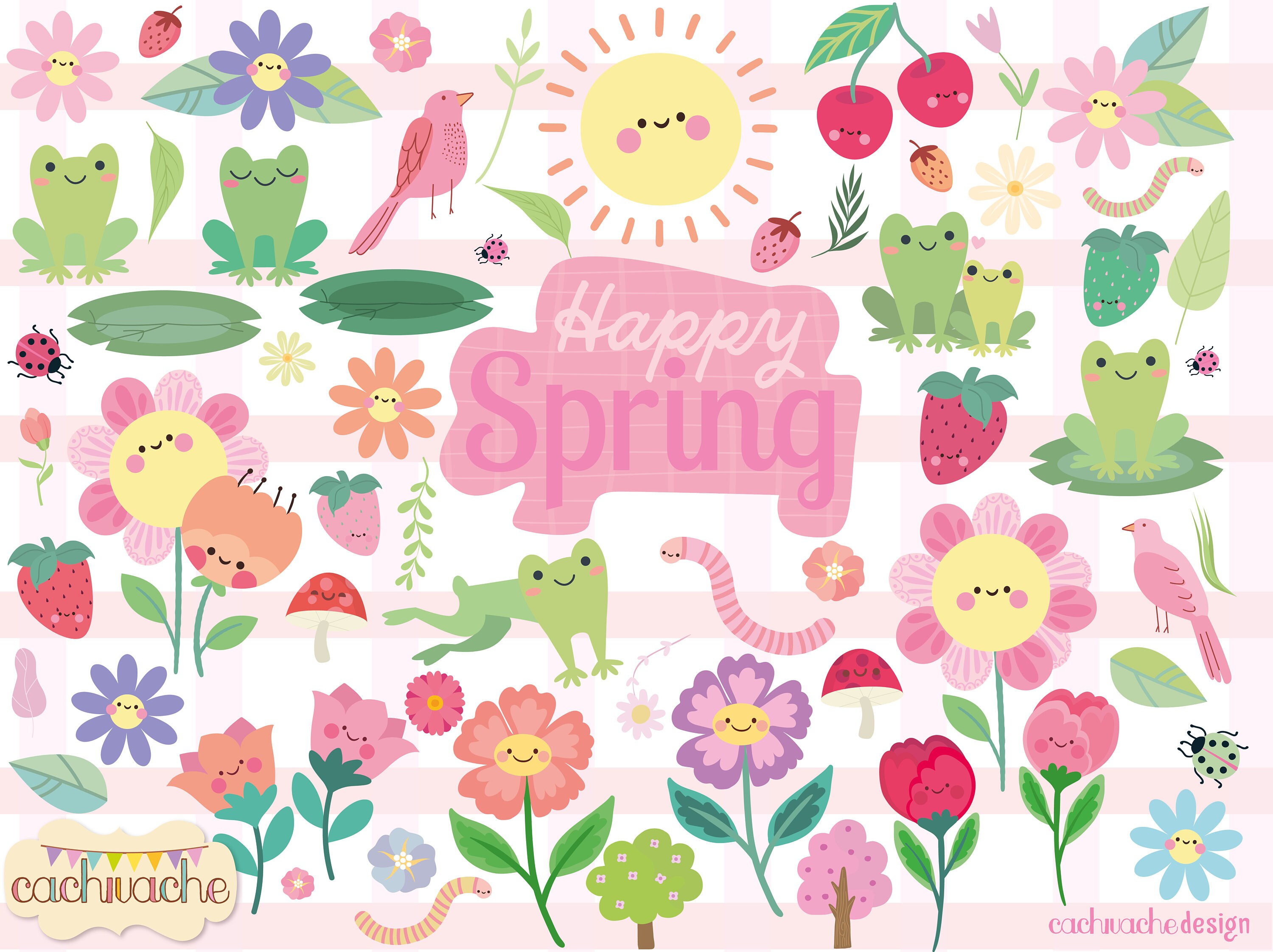 Spring Clipart PNG – Kawaii Spring Bundle – Cute Flowers Frog Birds ...