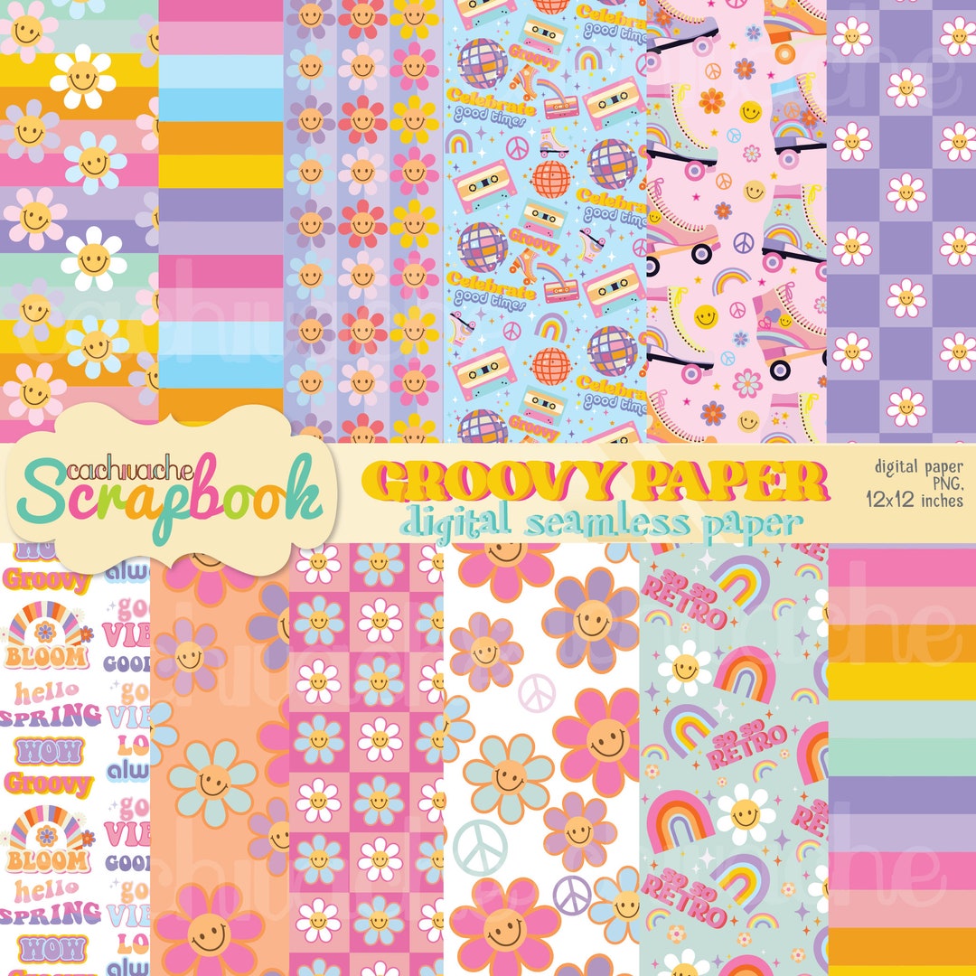 Groovy Digital Paper, Seamless Retro Digital Paper, Roller Skate ...