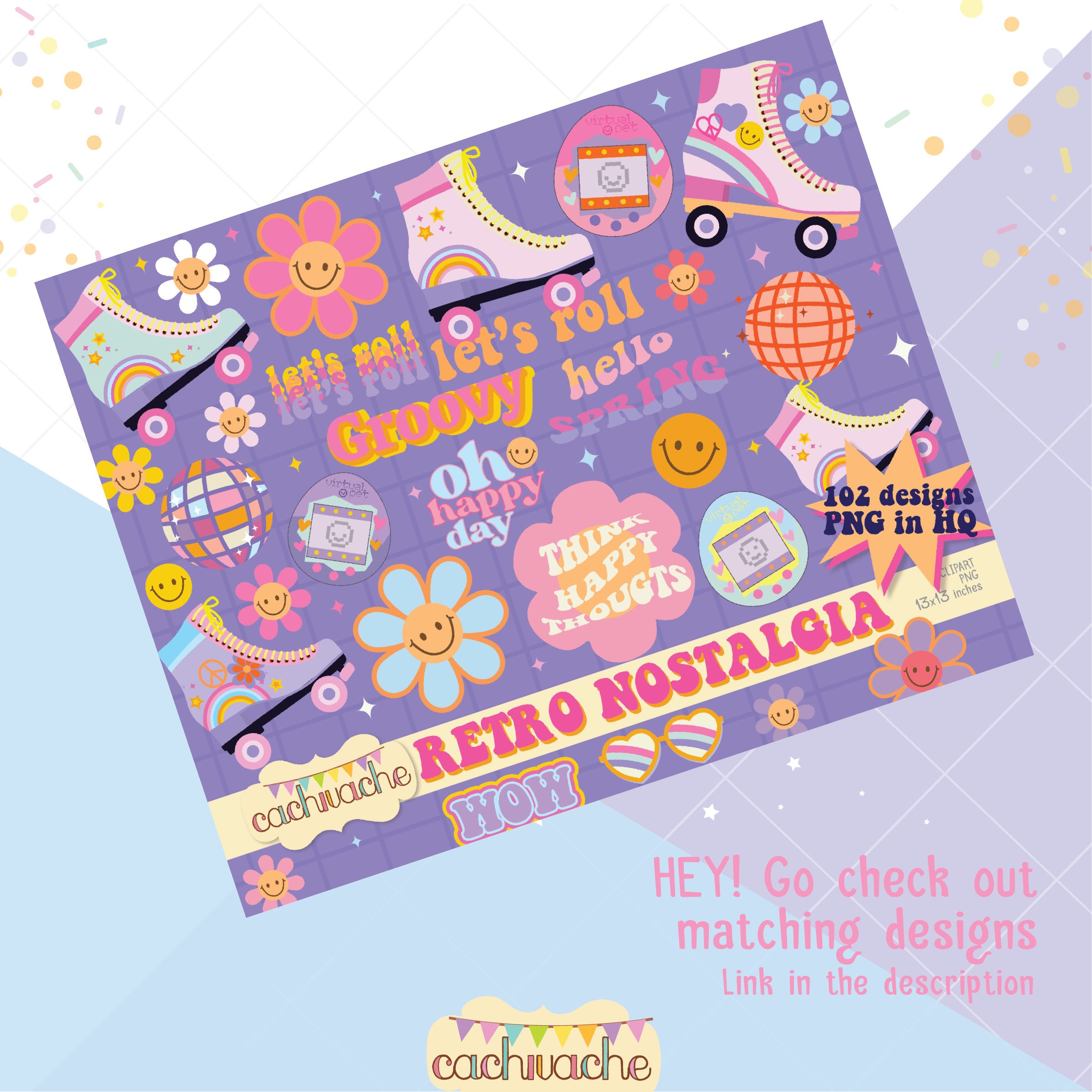 Groovy Digital Paper, Seamless Retro Digital Paper, Roller Skate ...