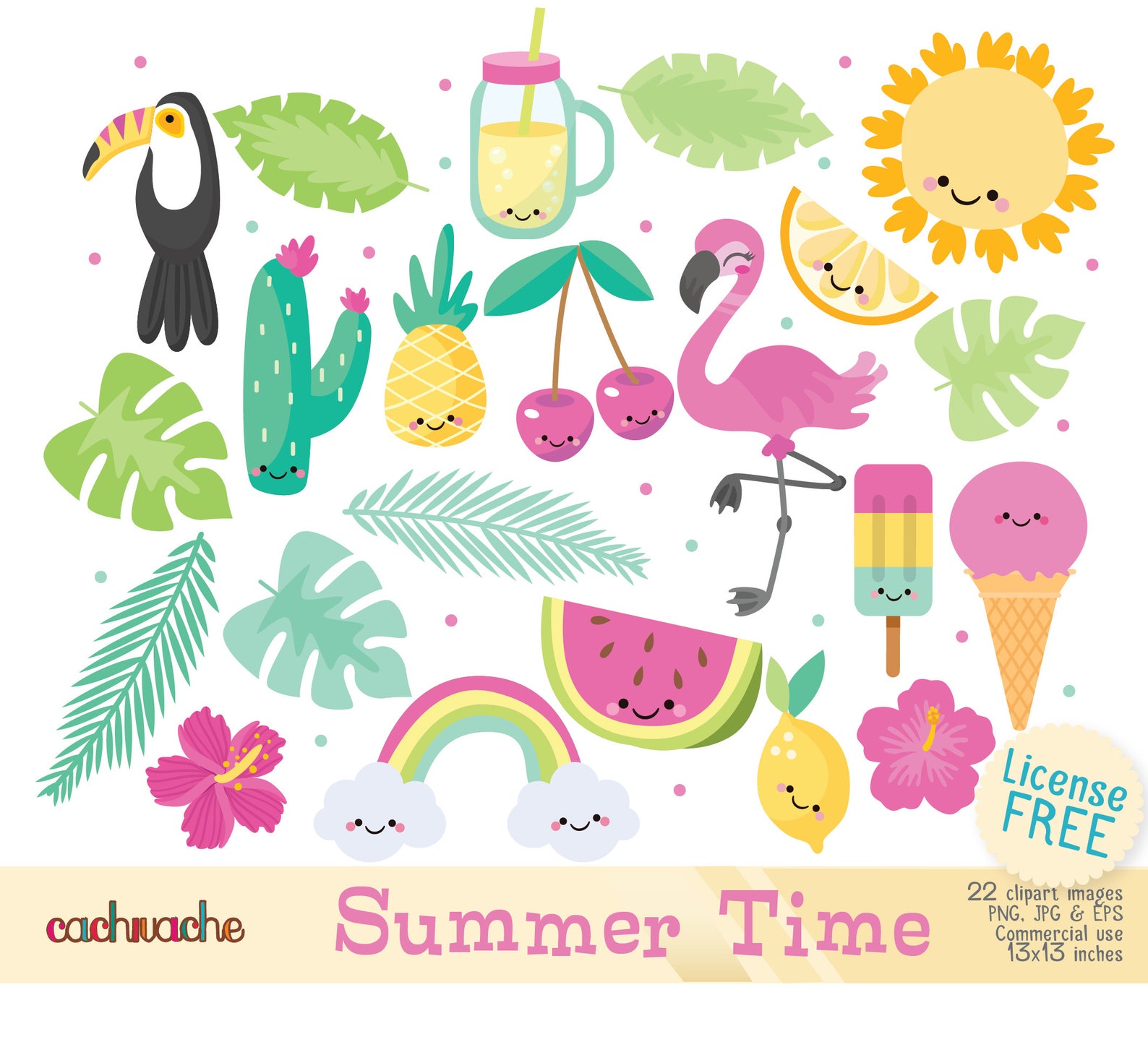 Summer Clipart, Tropical Clipart, With Flamingo, Leaves, Toucans Ice ...