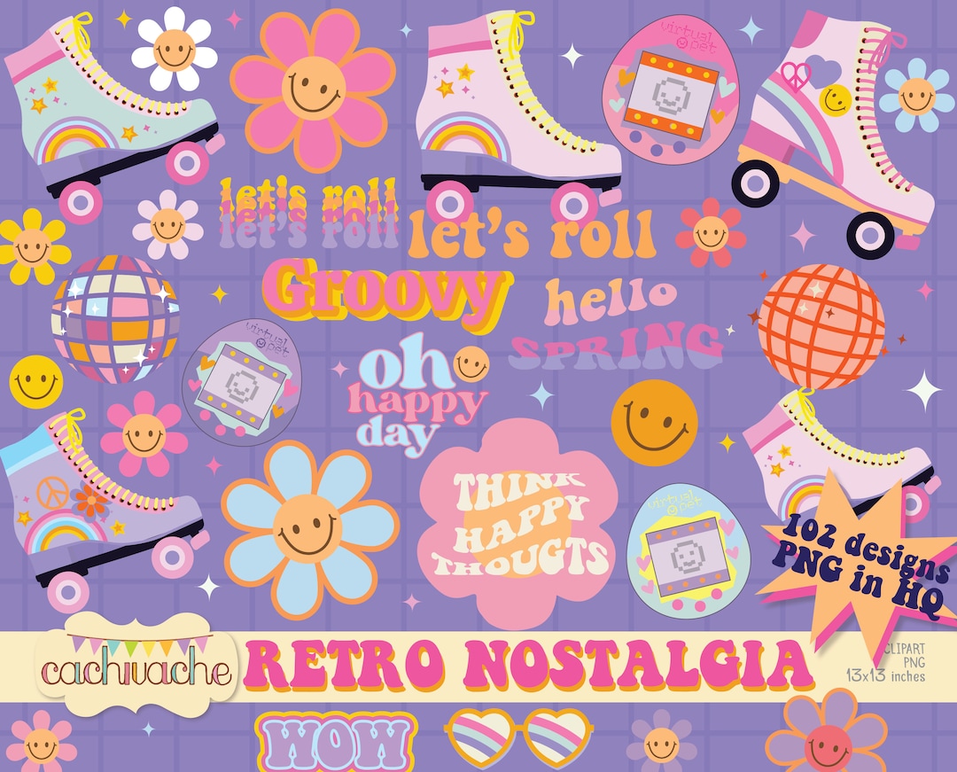 Retro 90s Clipart: Groovy Roller Skates, Smile Faces (102 PNG Designs ...
