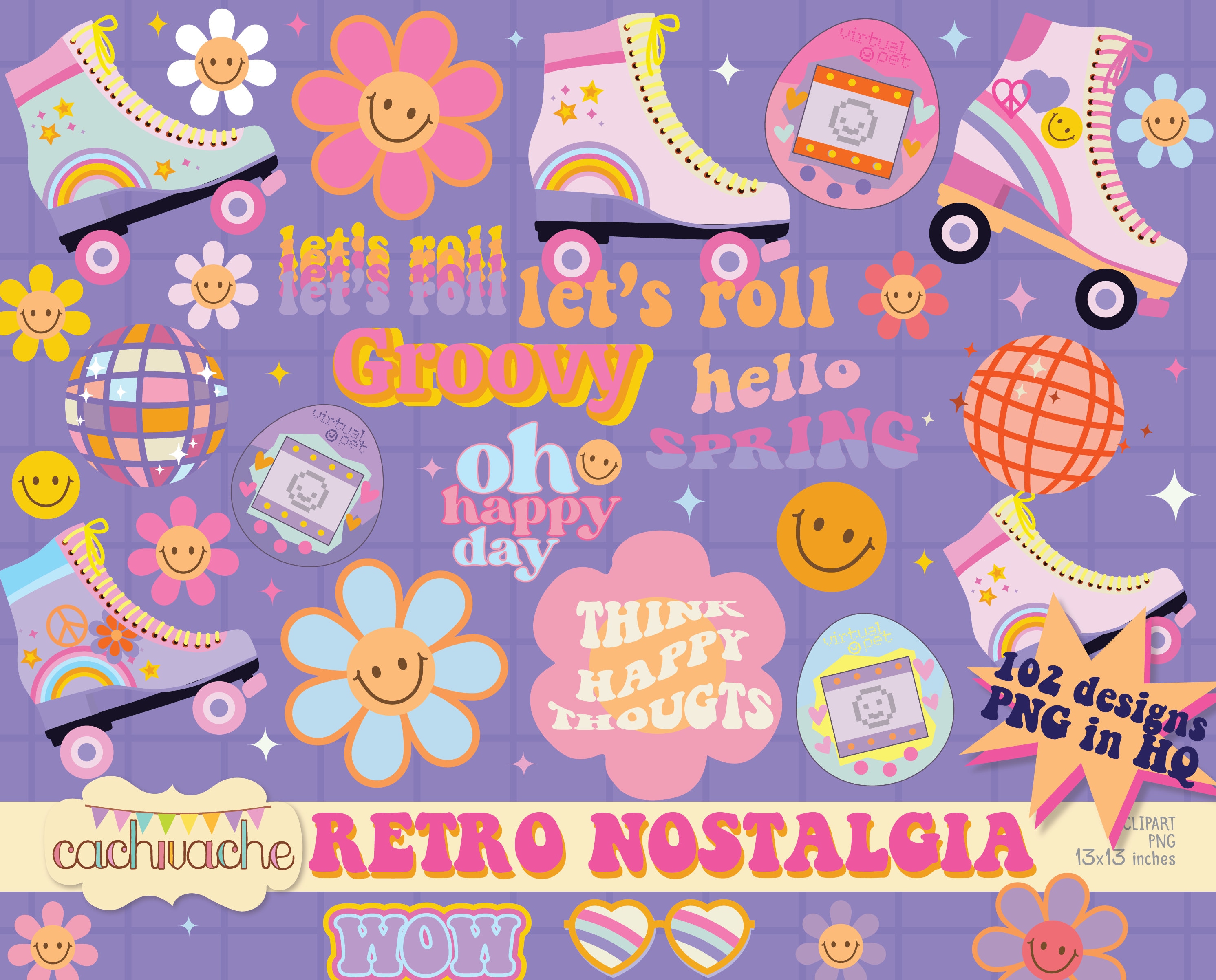 90s Clipart Bundle PNG, Retro Groovy Roller Skate and Smiley Daisy ...