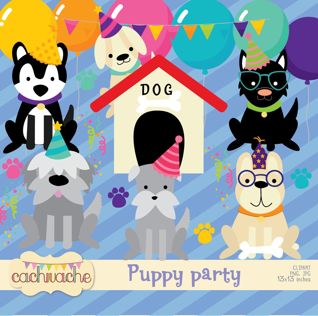 Puppy Party Clipart - Cute Dog Design Set With Party Elements for ...