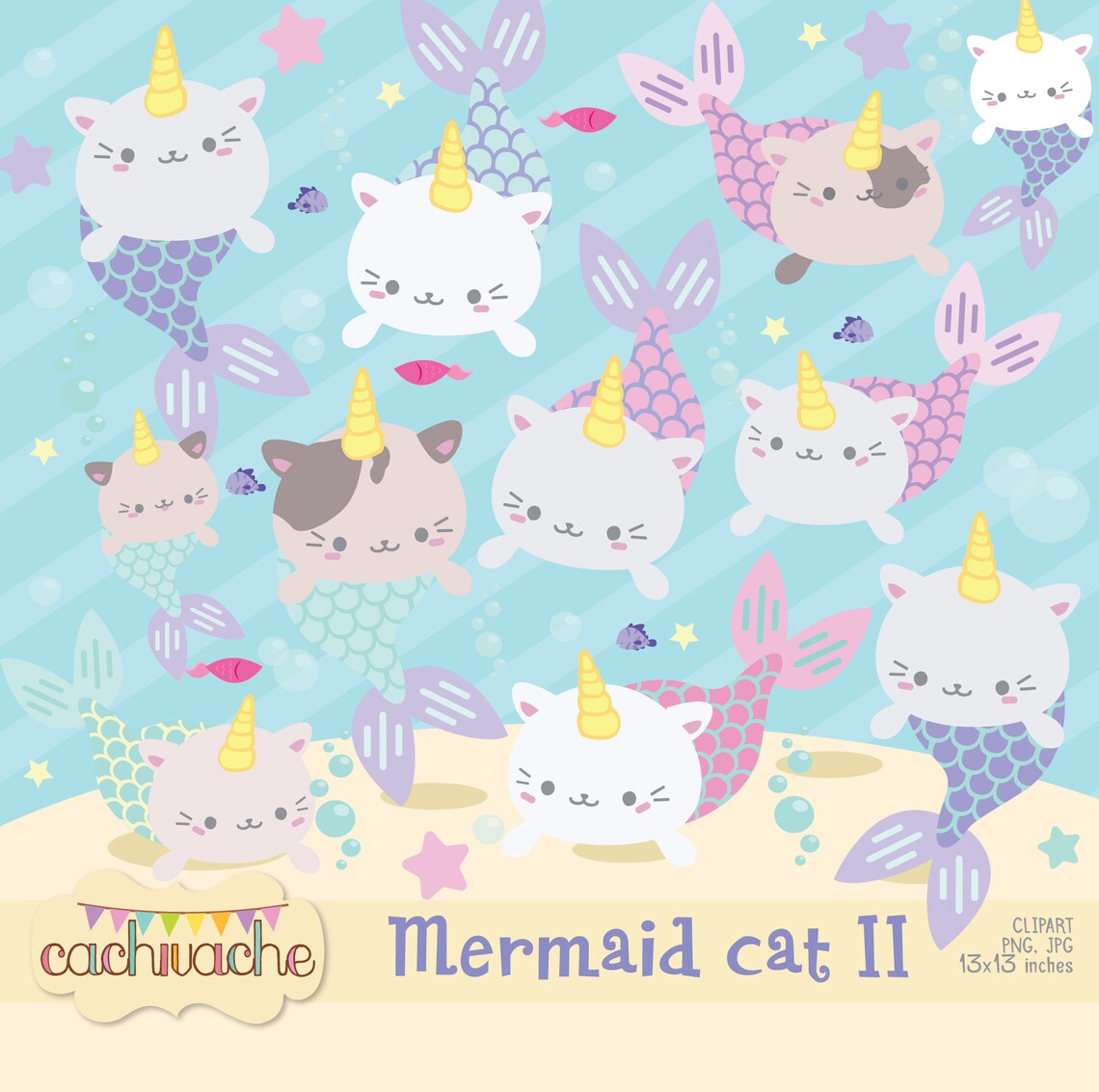 Kawaii Mermaid Cat Clipart, 11 Cat Mermaid Design, Cute Kitty PNG and ...