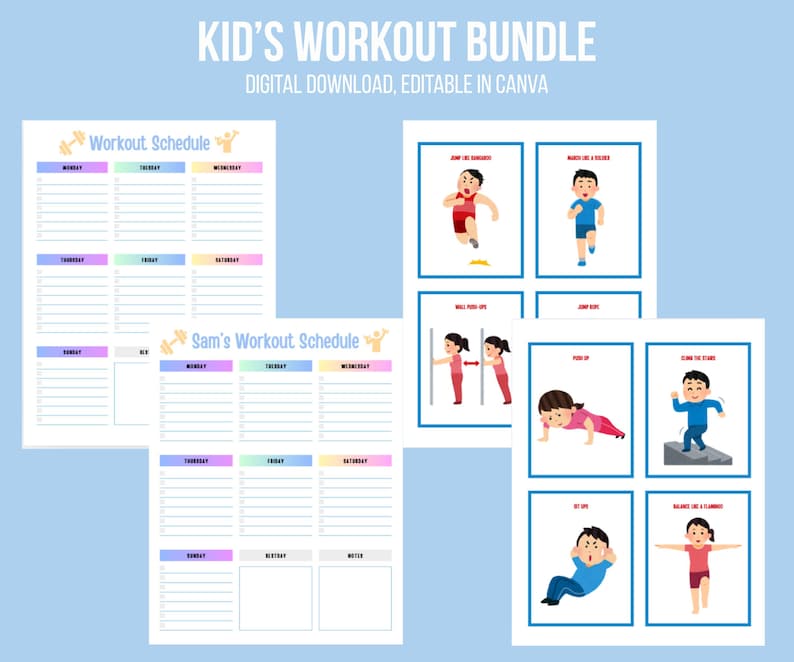 Kid's Exercise Chart, Printable Fitness Checklist, Exercise Tracker ...