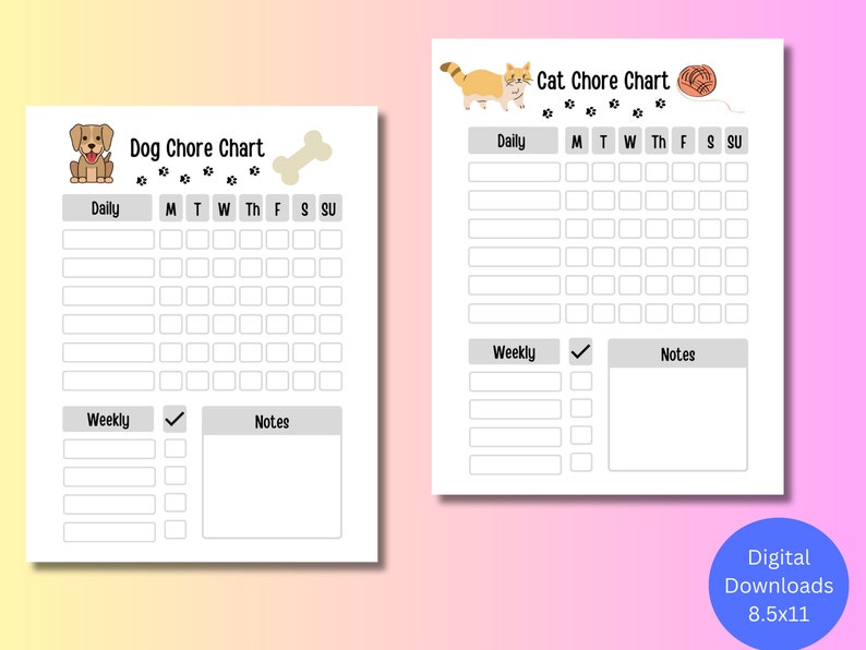 Dog and Cat Chore Chart Bundle, Printable Pet Chore Checklist, Dog and ...