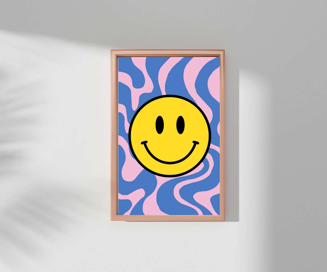 Smiley Face Print, Digital Download, Pink and Purple Funky Retro Smiley ...
