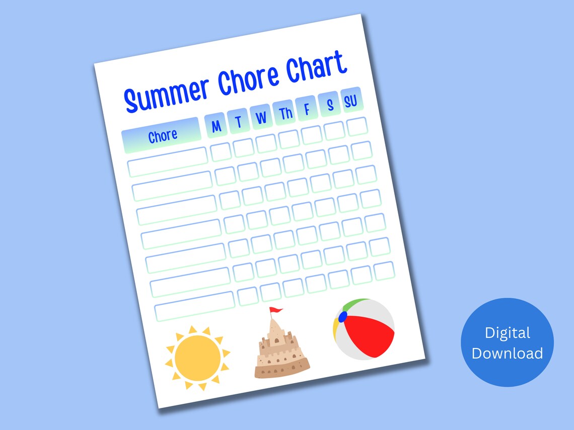 Kid's Summer Chore Chart Printable Chore Checklist Summer Vacation ...