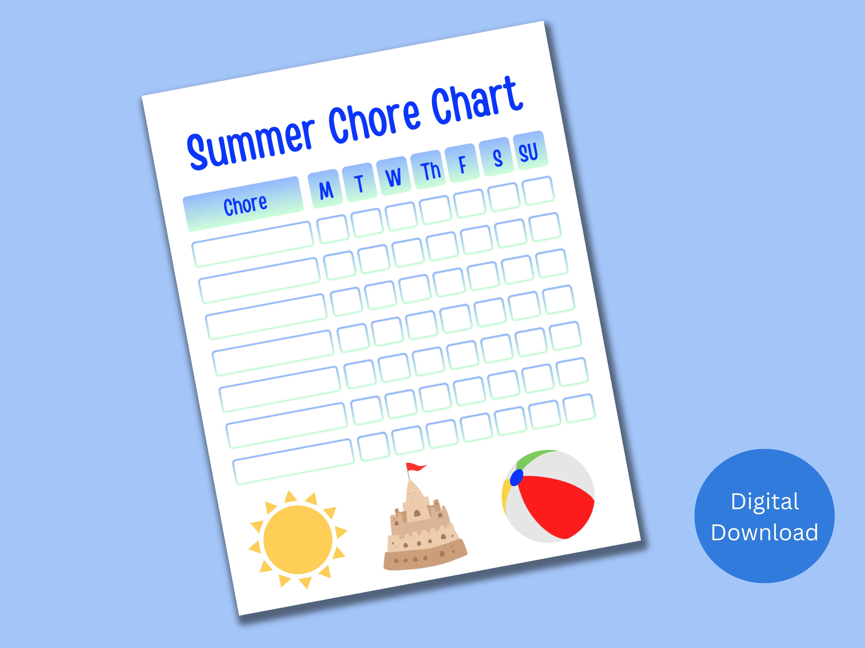 Kid's Summer Chore Chart Printable Chore Checklist Summer Vacation ...