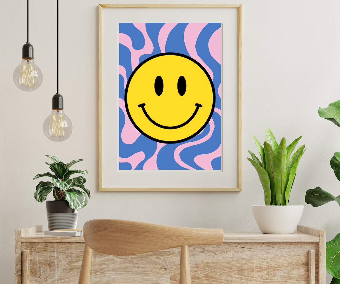 Smiley Face Print, Digital Download, Pink and Purple Funky Retro Smiley ...