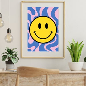 Smiley Face Print, Digital Download, Pink and Purple Funky Retro Smiley ...