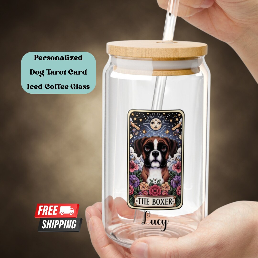 Funny Boxer Dog Tarot Card Iced Coffee Cup, Lid, Straw, 16oz Custom ...