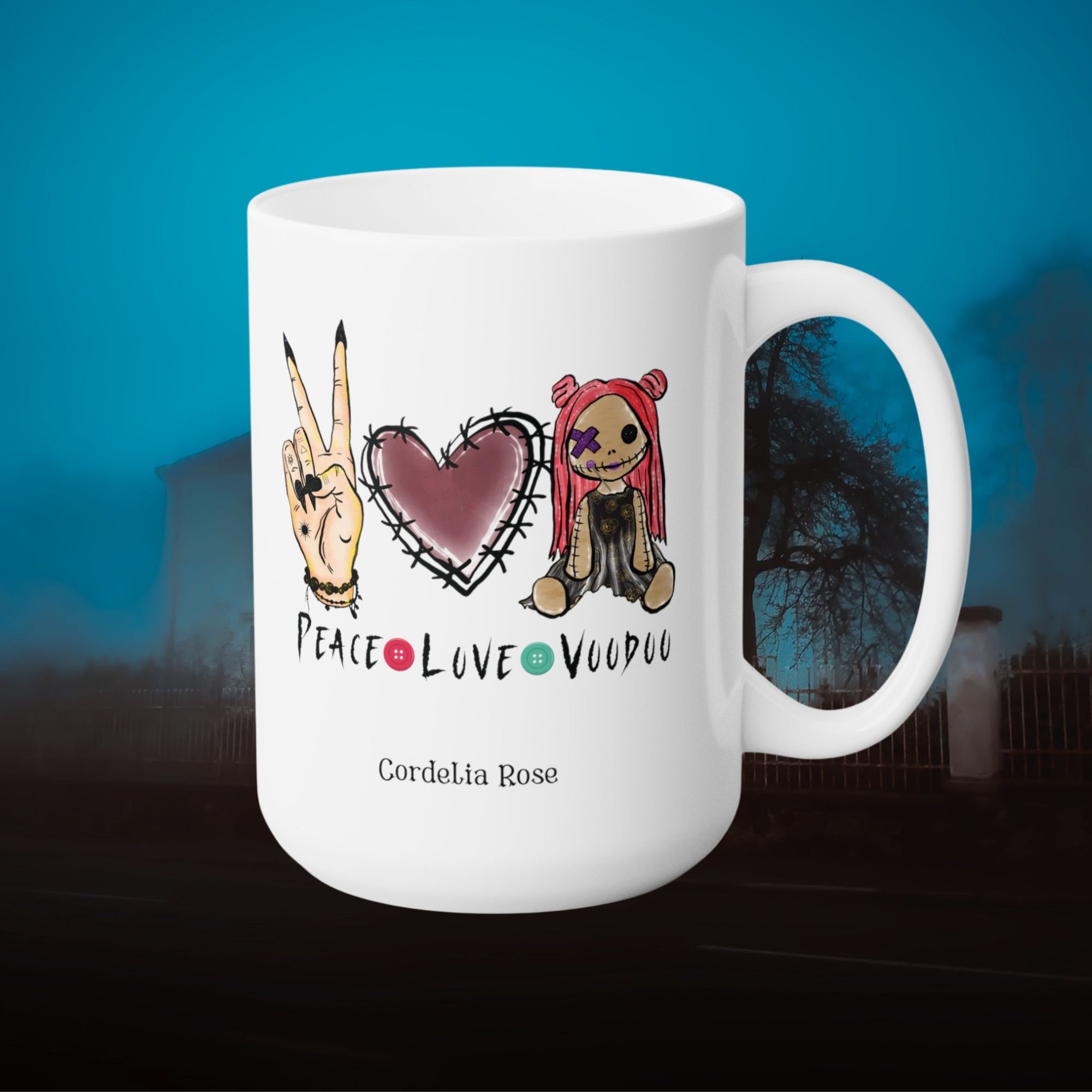 Custom Voodoo Doll Coffee Mug, Peace Love Voodoo Spooky Halloween 15oz ...