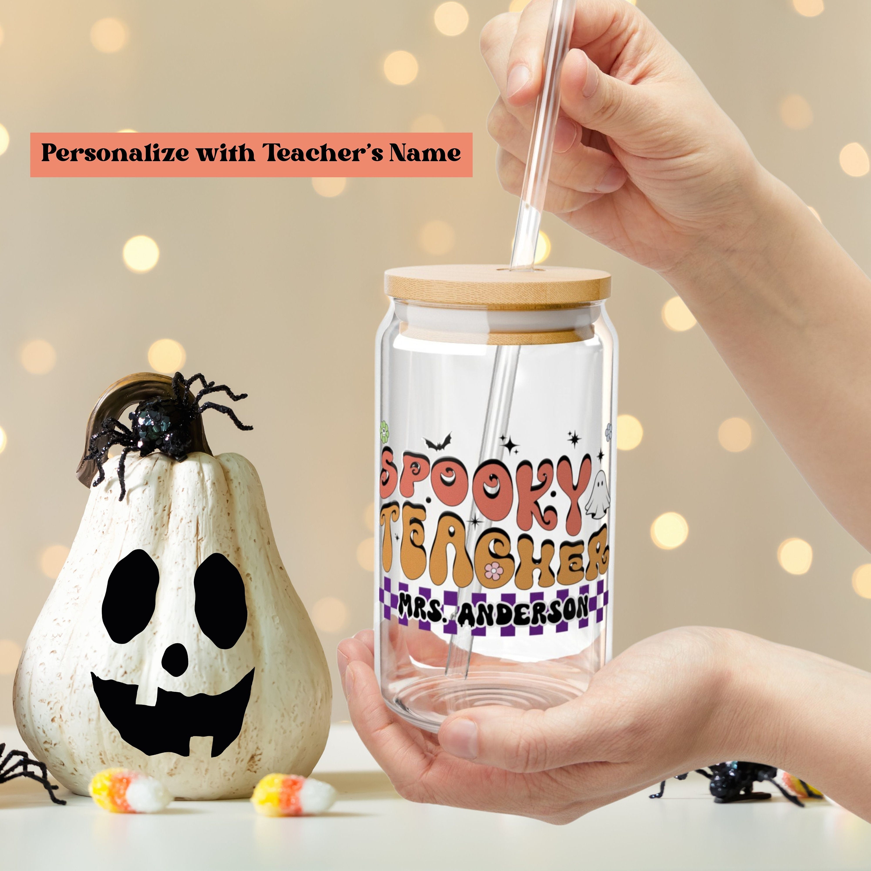 Teacher Iced Coffee Cup With Lid and Straw, 16oz Custom Glass Tumbler ...