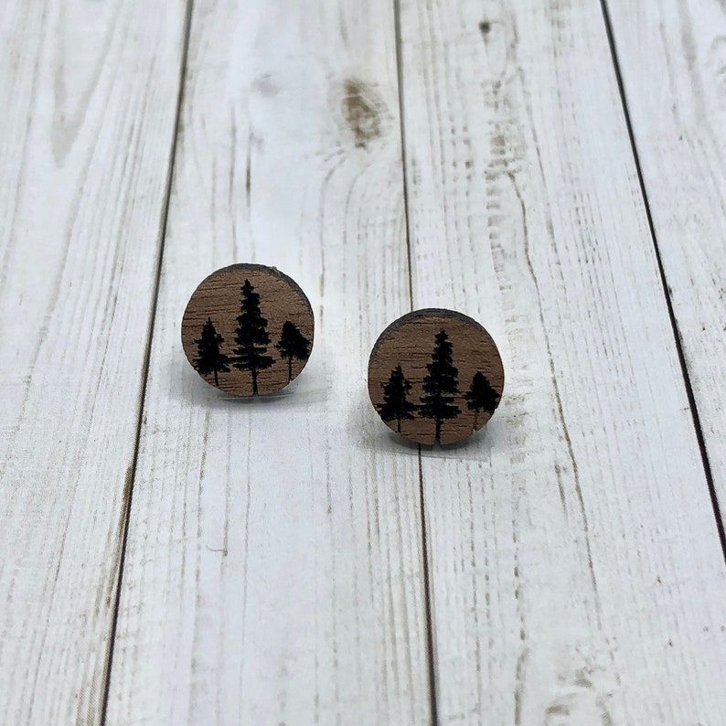 Spruce Tree Wood Stud Earrings for Men and Women in Minimalistic Design ...