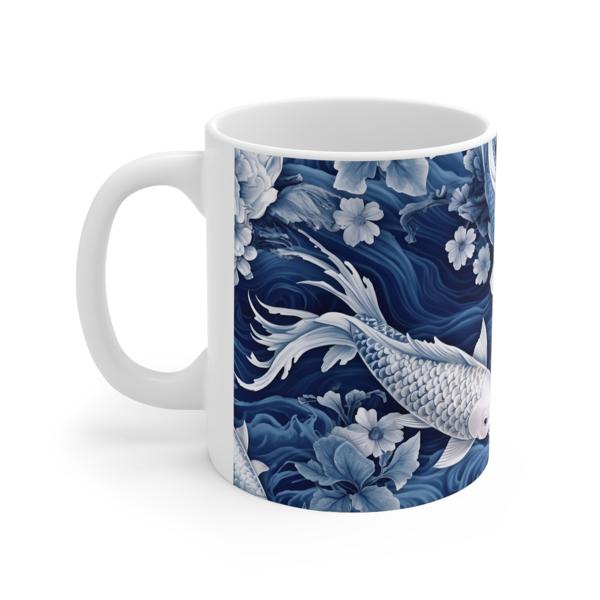 Blue White Mug, Blue Chinoiserie, Porcelain Style Mug, Koi Fish Mug ...