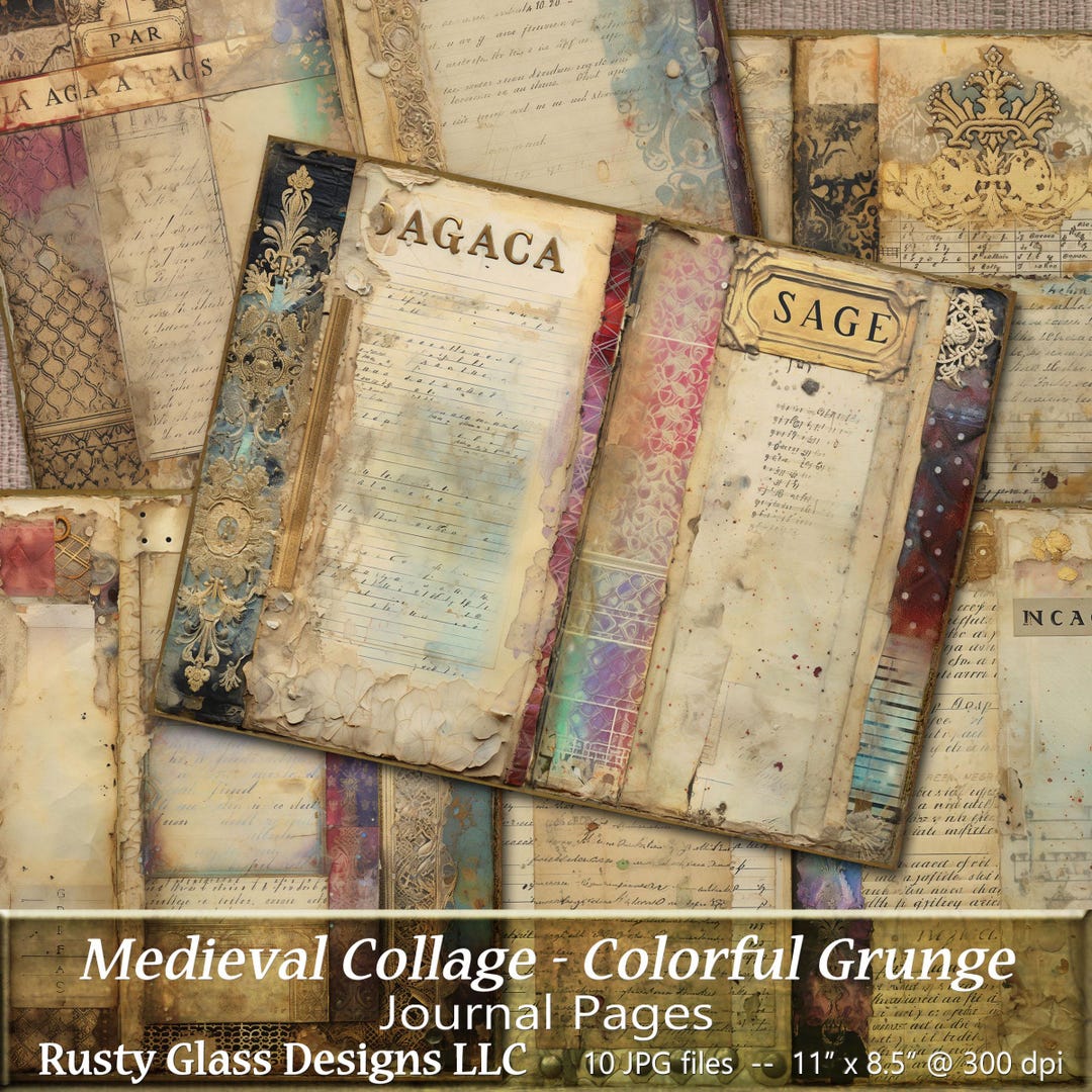 Printable Junk Journal Pages, Medieval Collage Colorful Grunge Digital ...