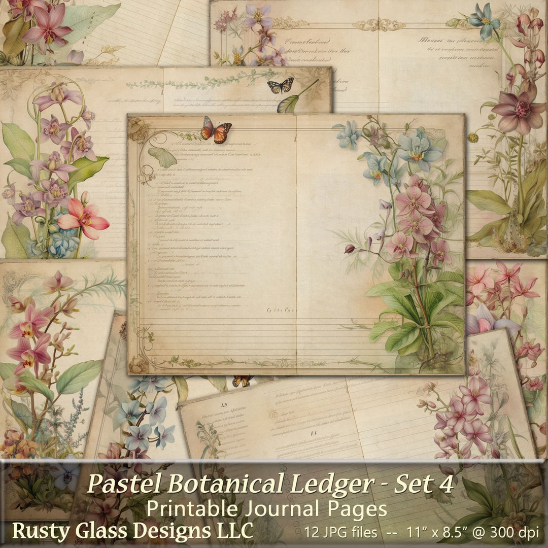 Pastel Botanical Ledger Journal Pages Set 4, Printable Junk Journal ...
