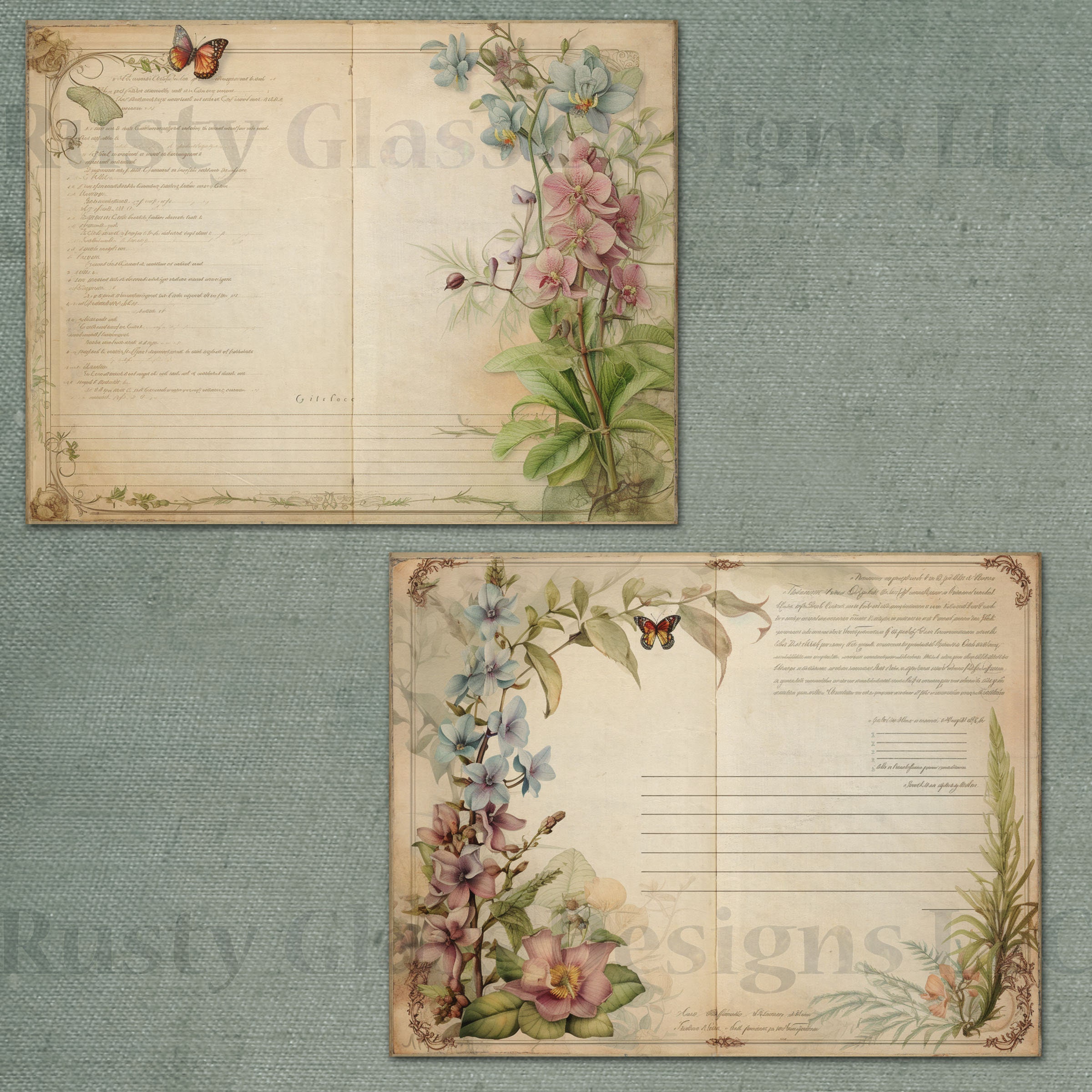 Pastel Botanical Ledger Journal Pages Set 4, Printable Junk Journal ...